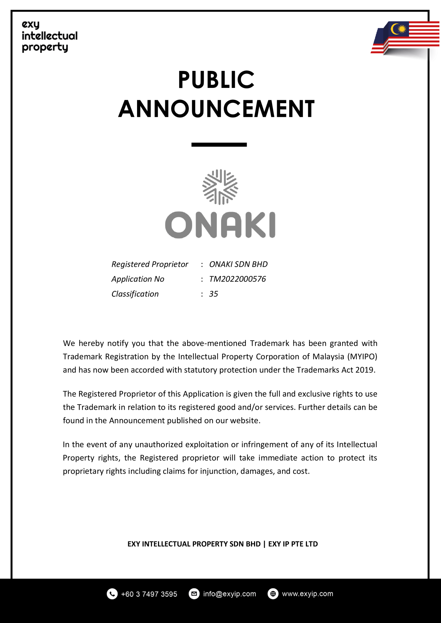 Successful Trademark Registration for Onaki! - ExyIp Singapore